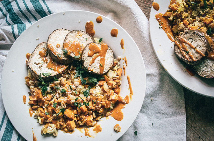 Asian Fried Farro with Roasted Eggplant | Lemons and Basil