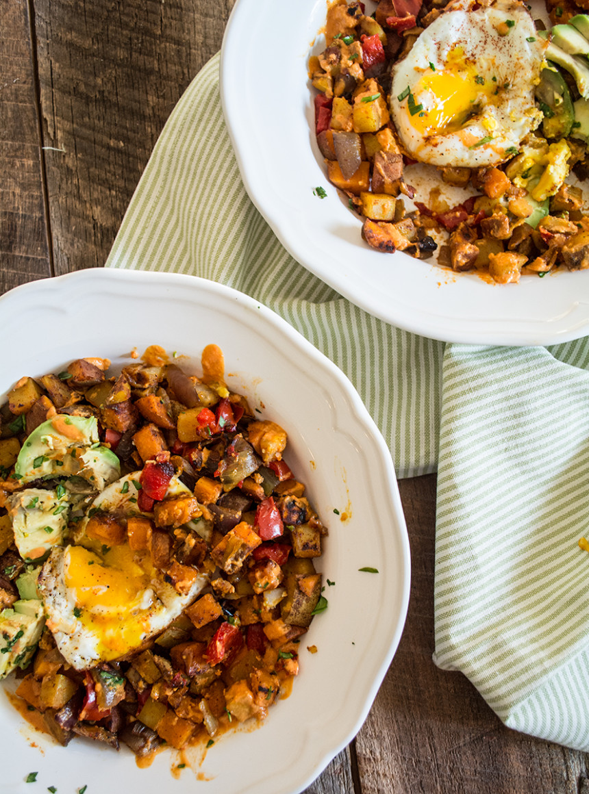 Roasted Veggie Breakfast Bowl with Fried Eggs + Sriracha | Lemons and Basil